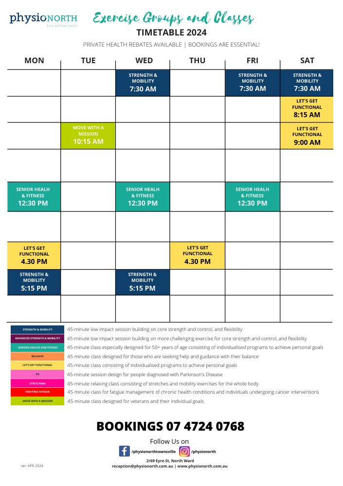 Current Exercise Timetable Physionorth | Physionorth